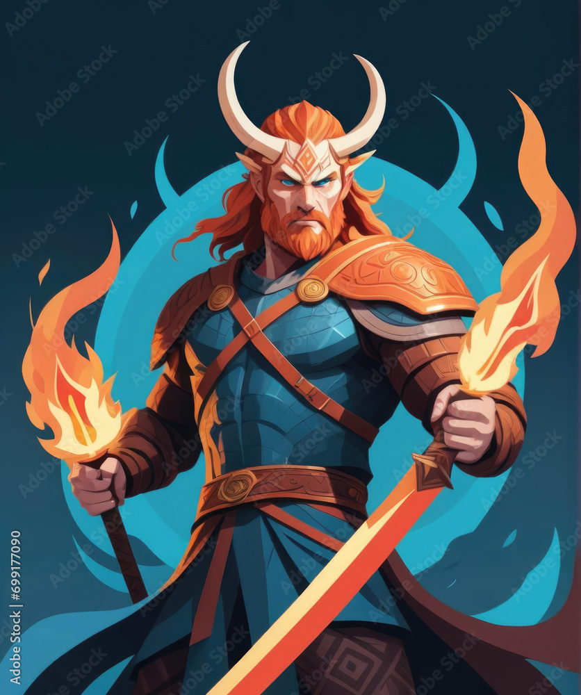 Nordic God of Fire - Surt wielding a flaming sword in a dynamic action ...