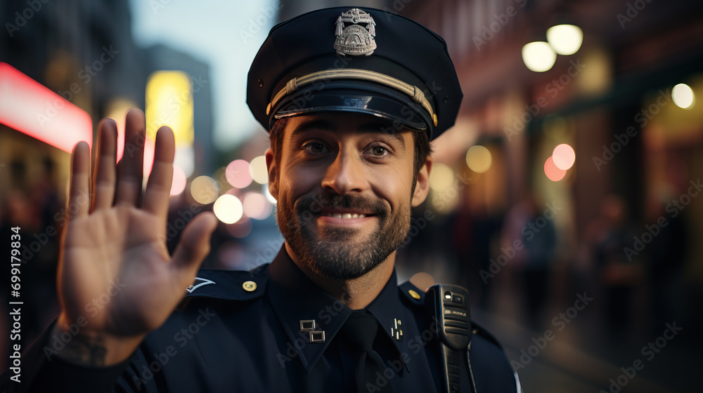 Community Policing: Police Officer Engaging with a Friendly Smile and Wave, Demonstrating ...