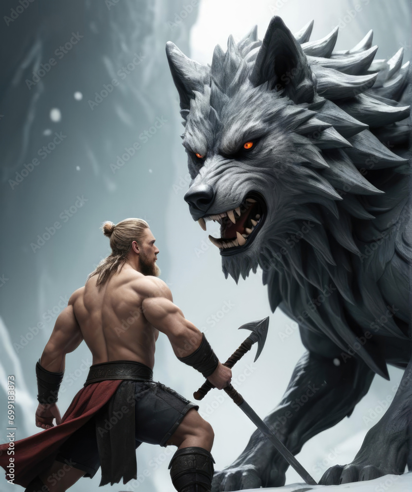Close-Up Portrait of Nordic God Tyr Facing Monstrous Wolf Fenrir in ...