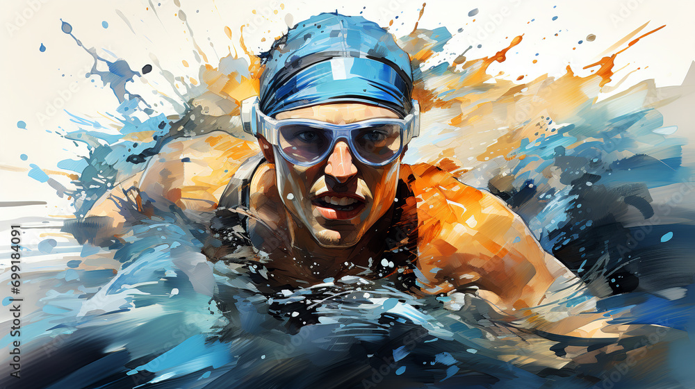 Watercolor abstract illustration of swimmer. Swimming action during ...