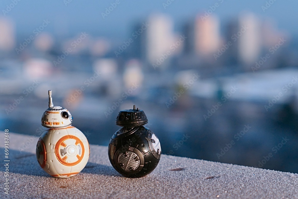 Models of Star Wars droids BB8 and imperial BB9E standing against each ...