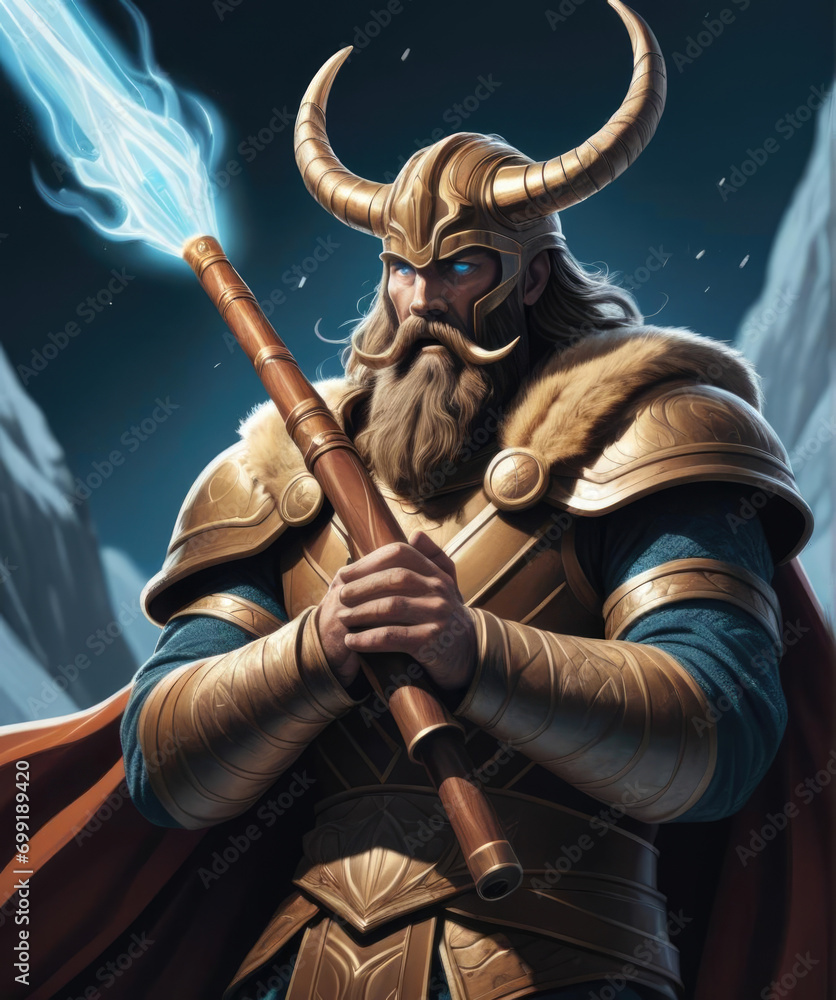Heimdall - Close-up portrait of a Nordic god blowing the Gjallarhorn on ...