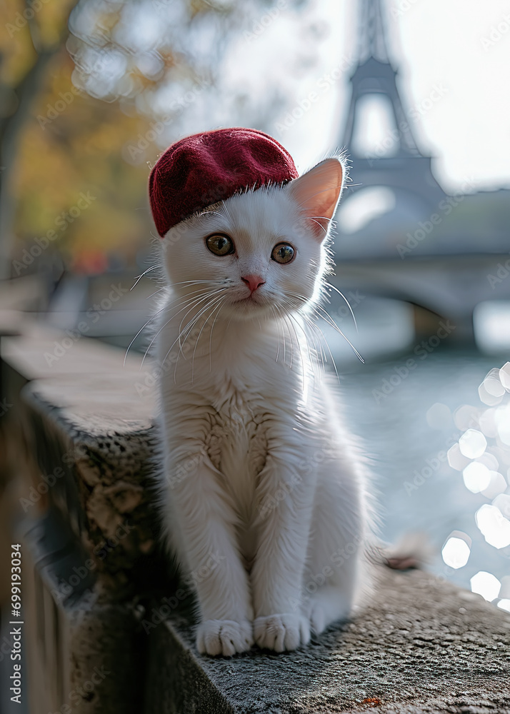 Hermoso gato de pelo blanco con boina francesa de lana roja, sentado ...