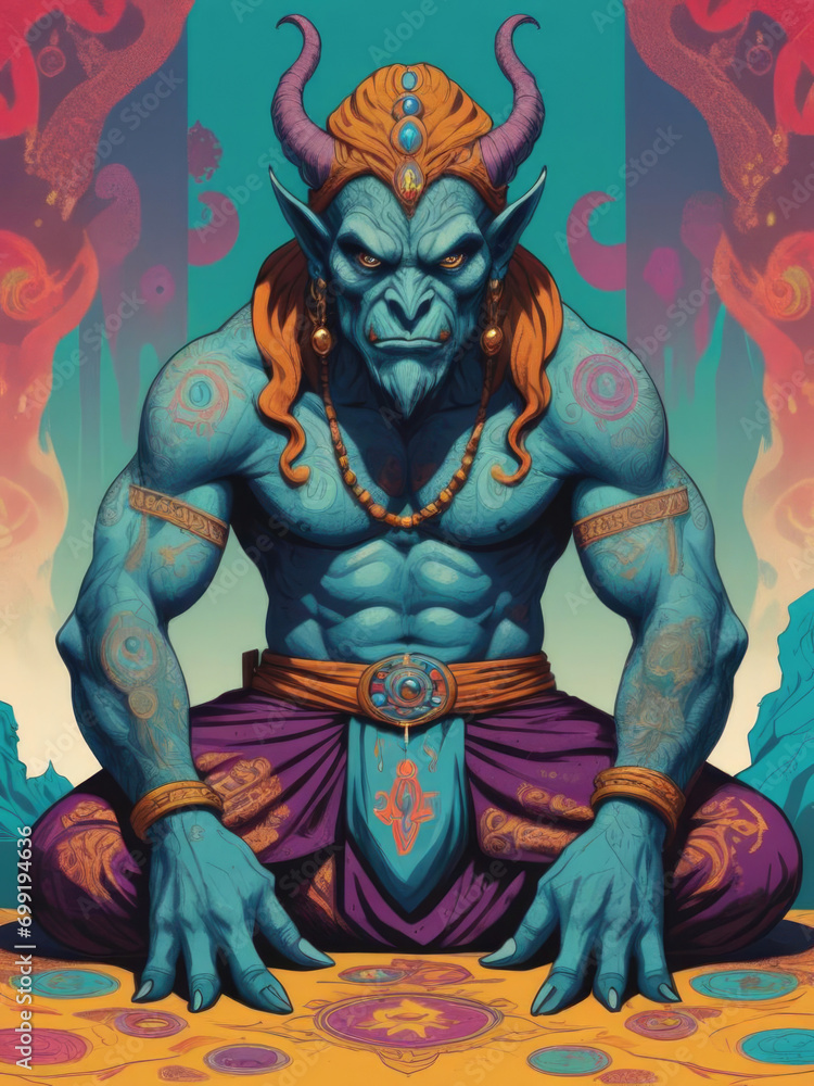 Colorful Pop Art Djinn - A medium shot of a mystical djinn with bright ...