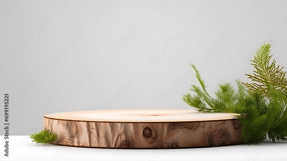 Wood slice podium and green spruce branches on white background ...