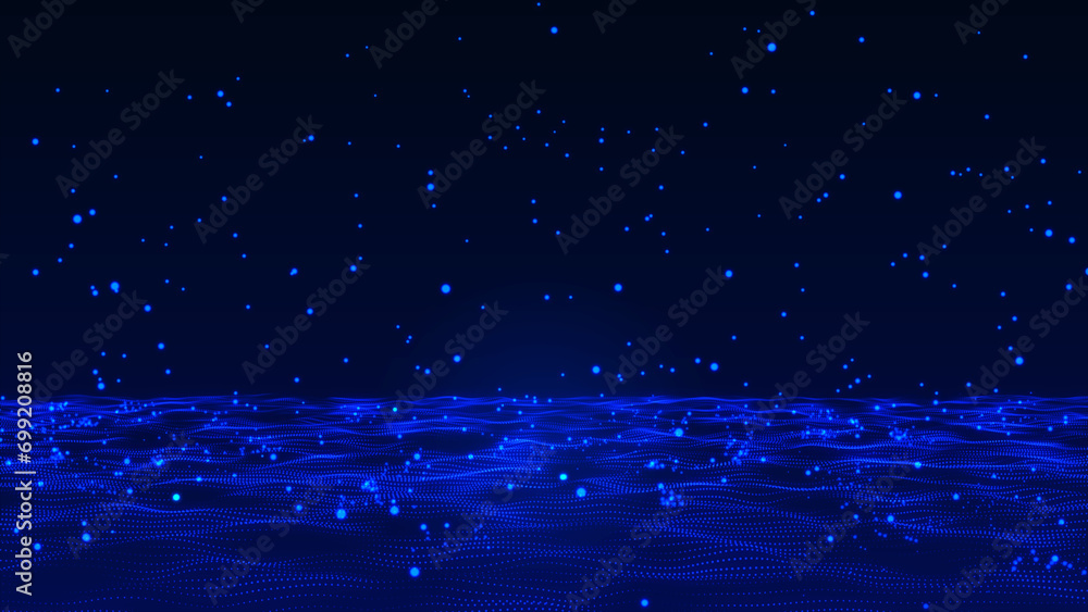 Abstract Hi-Tech bouncing blue particles background. Blue sphere particles are falling, bouncing ...