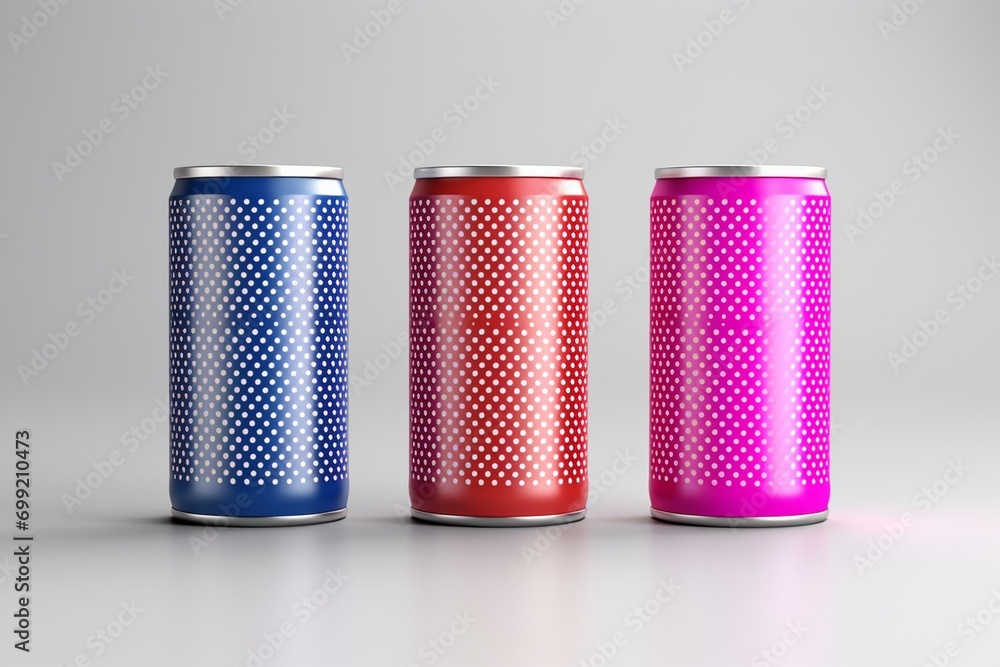 Three colorful aluminum cans with perforated surface mockup. Generative ...