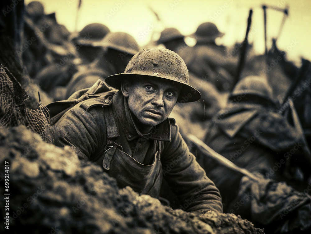 Vintage World War I snapshot depicting weary soldiers huddled in the ...