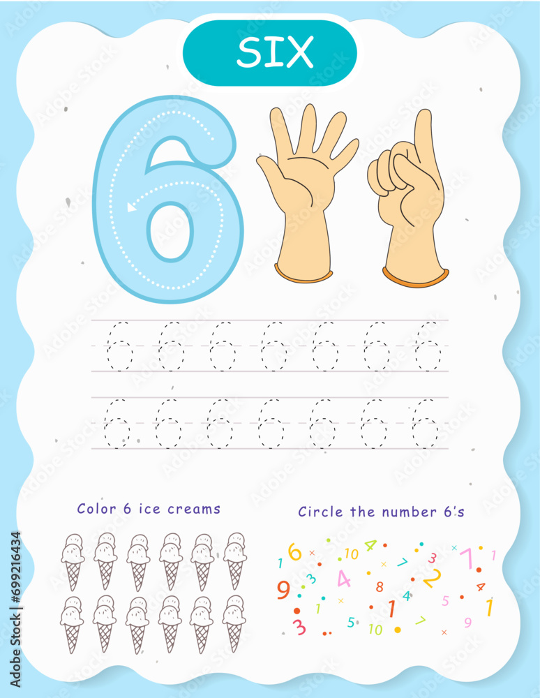 Educational worksheet for preschool and school kids learning number six, tracing, find and color ...