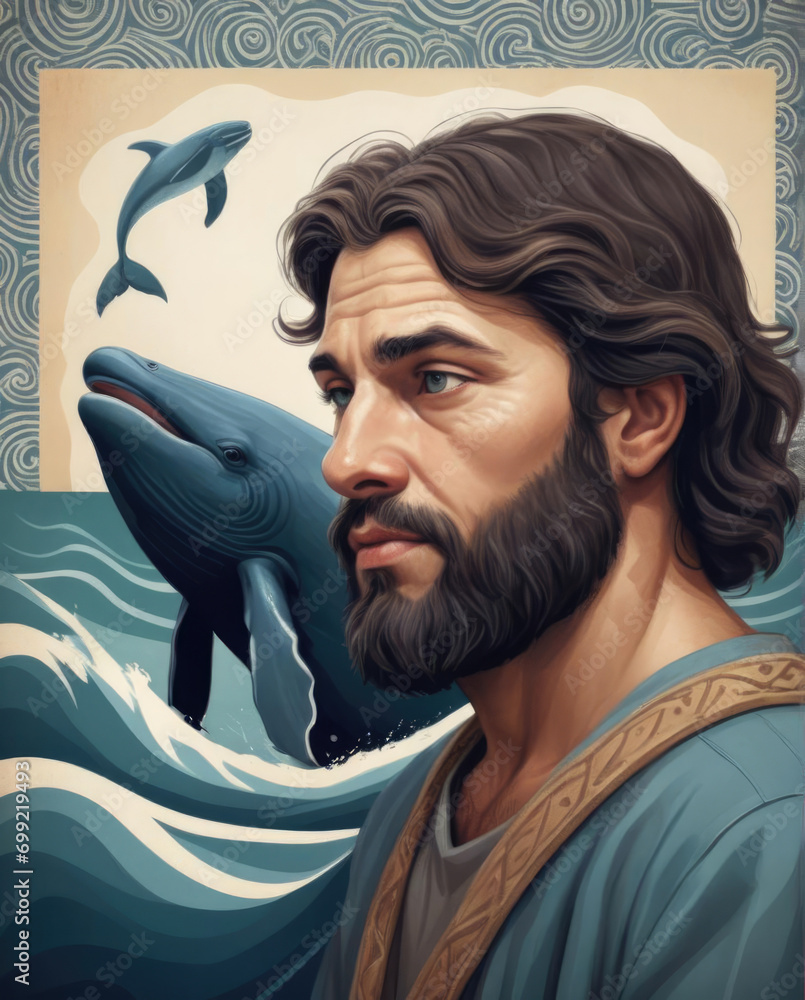 Flat Illustration of Jonah and the Whale with Abstract Patterns and ...