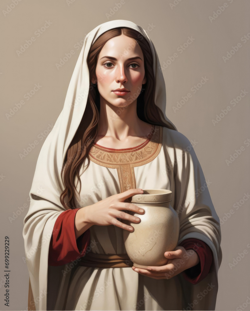 Mary Magdalene with Alabaster Jar - Realistic flat illustration of a ...