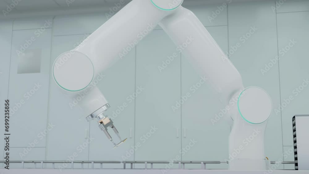A modern high-tech brandless robotic arm manipulator arm, holds and ...