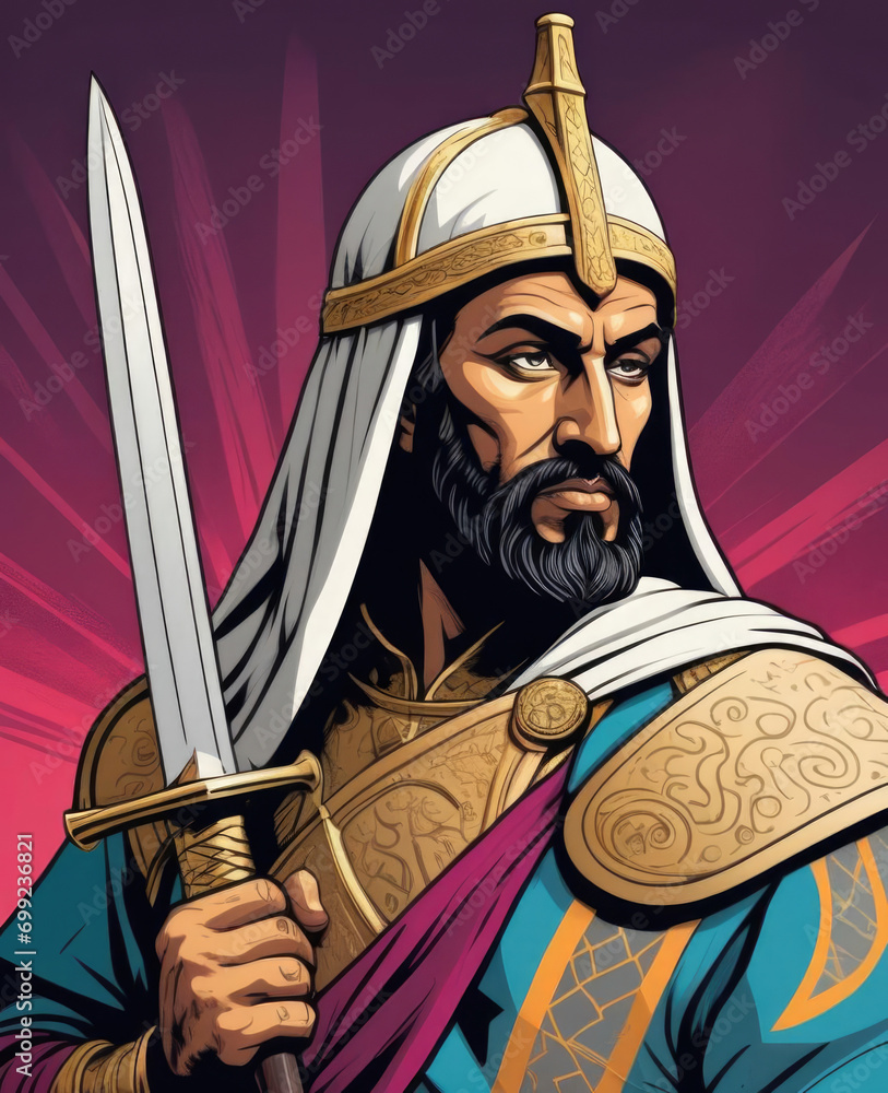 Saladin - Mid-shot portrait of the historical figure in flat pop art ...