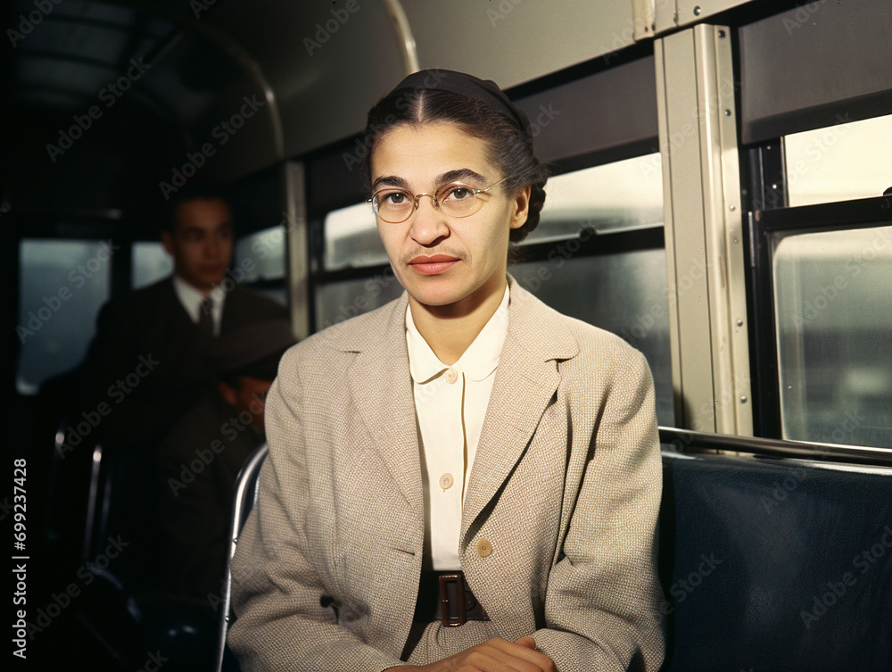 Rosa Parks seated defiantly during Montgomery Bus Boycott, symbolizing resistance against racial ...