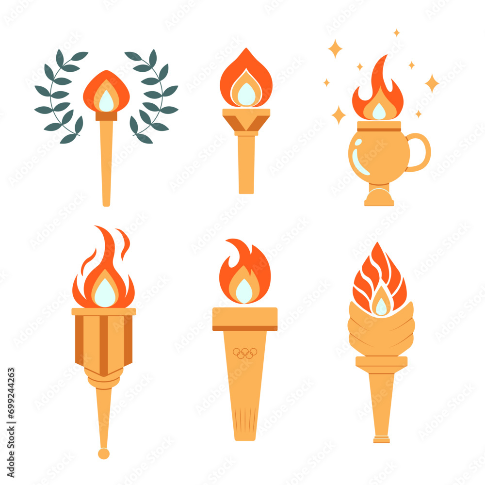 Set of Burning olympic Flame Torches Illustration of symbol of Olympic ...