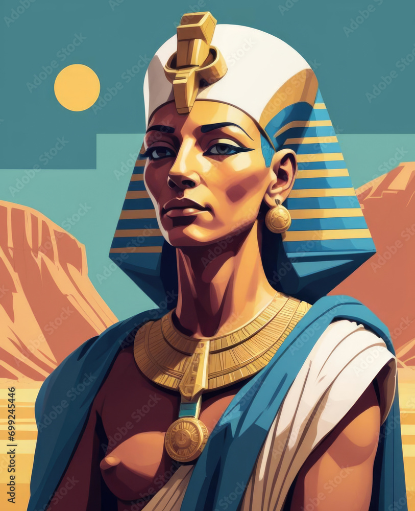 Hatshepsut - Mid-shot portrait of an ancient historical figure depicted ...