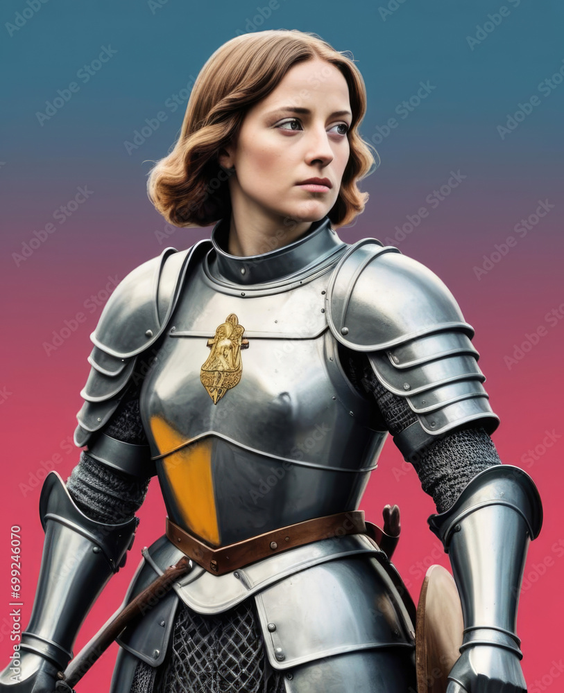 Flat Pop Art Depiction Of Joan Of Arc In Armor With Overlaying Color Washes Gen Ai Stock