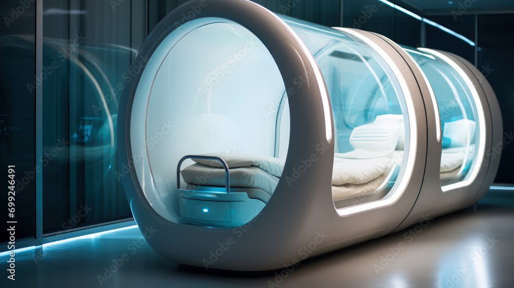 Futuristic capsule hotel with a sci-fi aesthetic, featuring individual ...