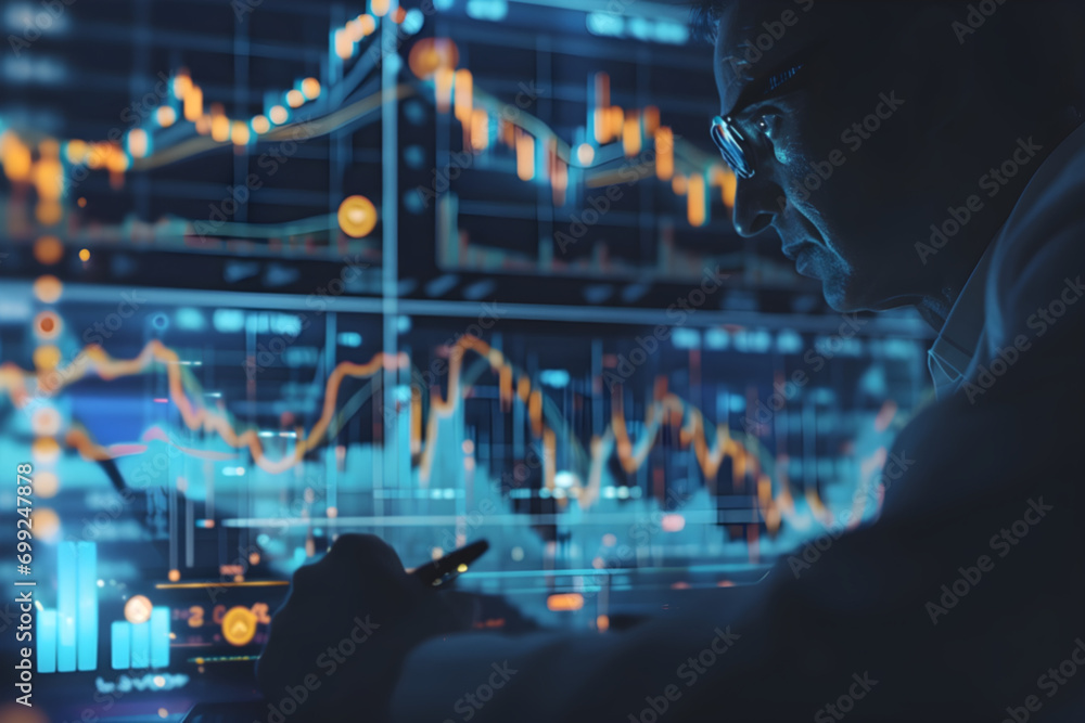 financial charts overlay with background of Portrait of Stock Market ...