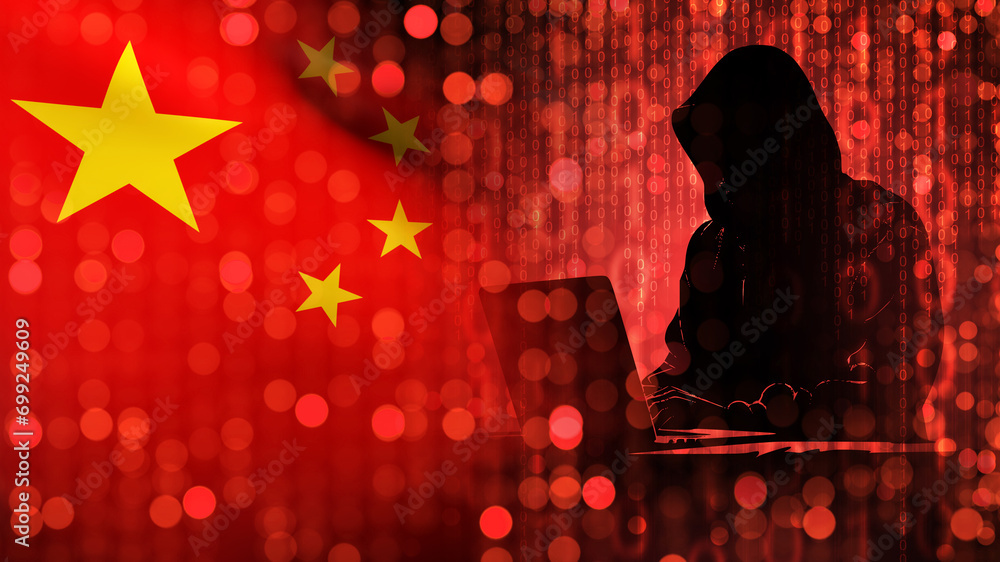 Hacker with China flag. Man computer geek in hood. Cyber developer from ...