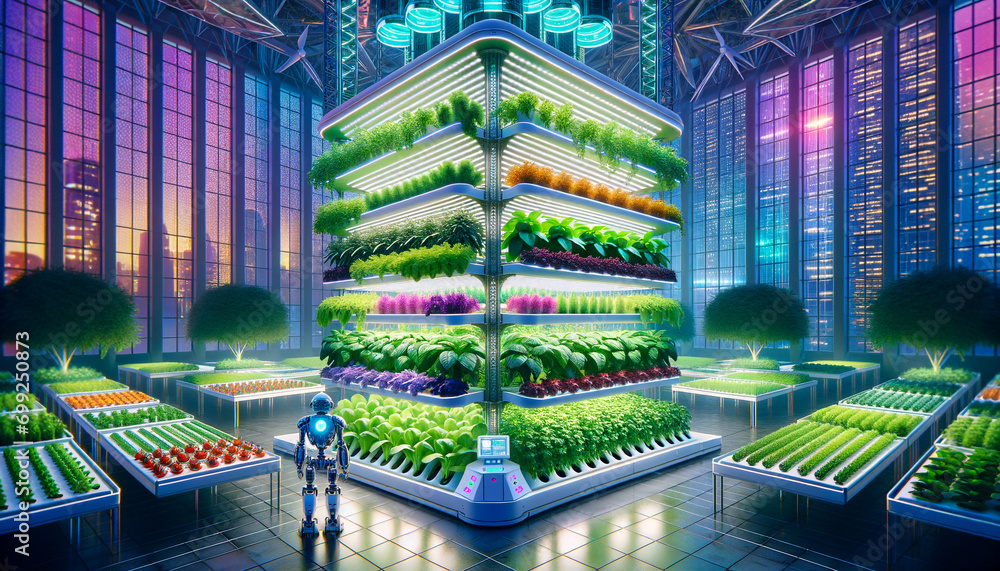 Whimsical indoor vertical farm with vibrant plants and friendly robotic ...