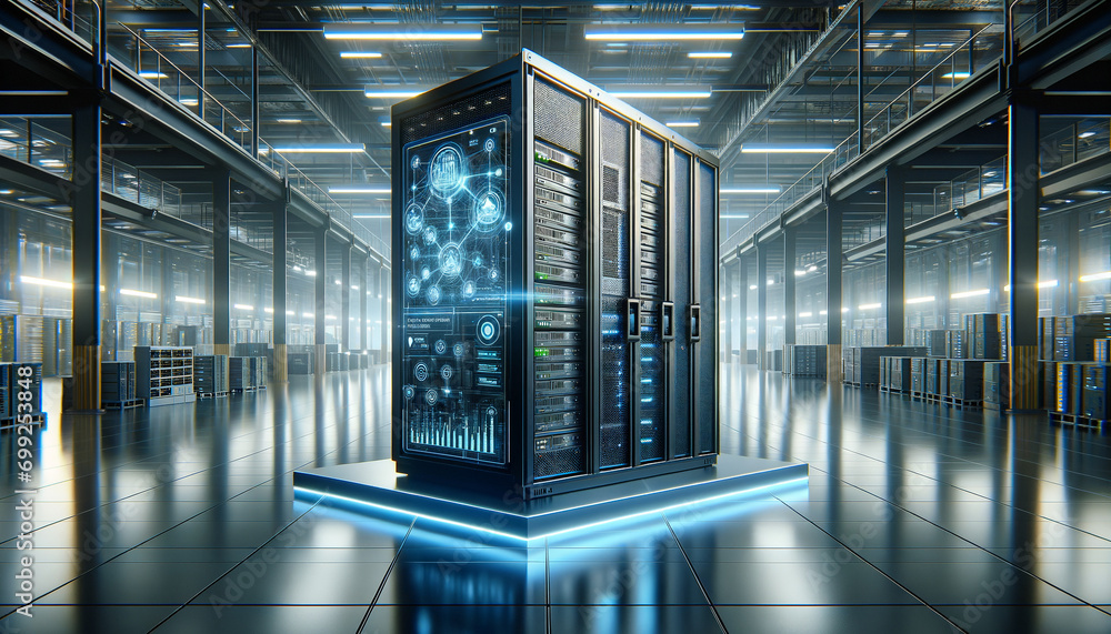 Sleek server rack with holographic display in a modern industrial ...
