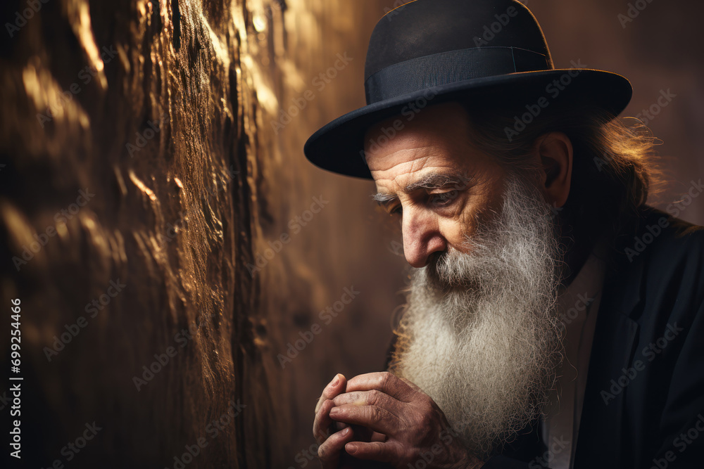 Foto de Old bearded Jew praying by rock wall at night, face of Jewish ...