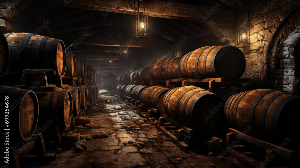 Wine cellar in medieval storage, rows of old wooden barrels. Dark ...