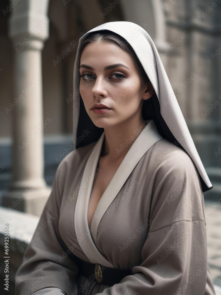 Contemplative Beauty - close up portrait of a stunning nun in revealing ...