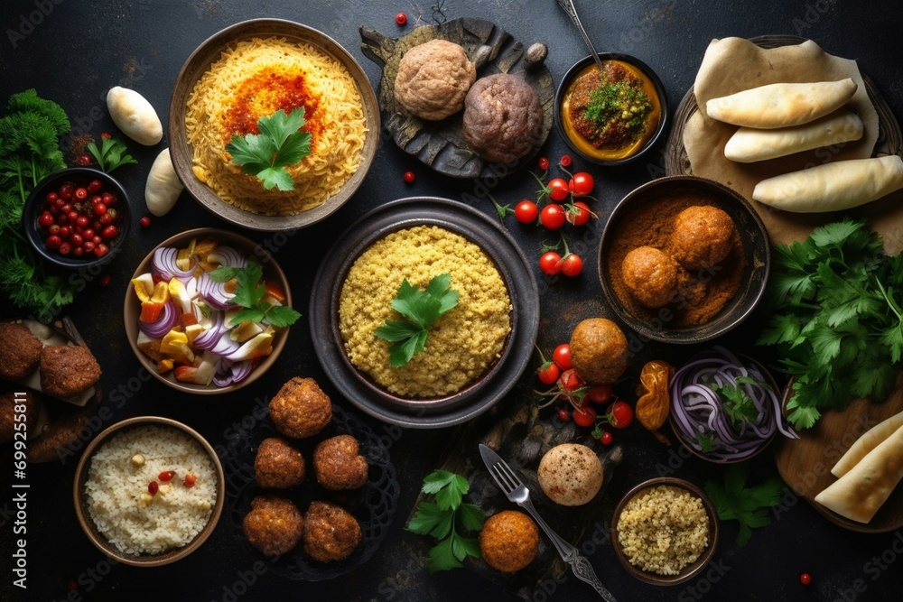 Assorted Middle Eastern dishes on rustic background, including kebab ...