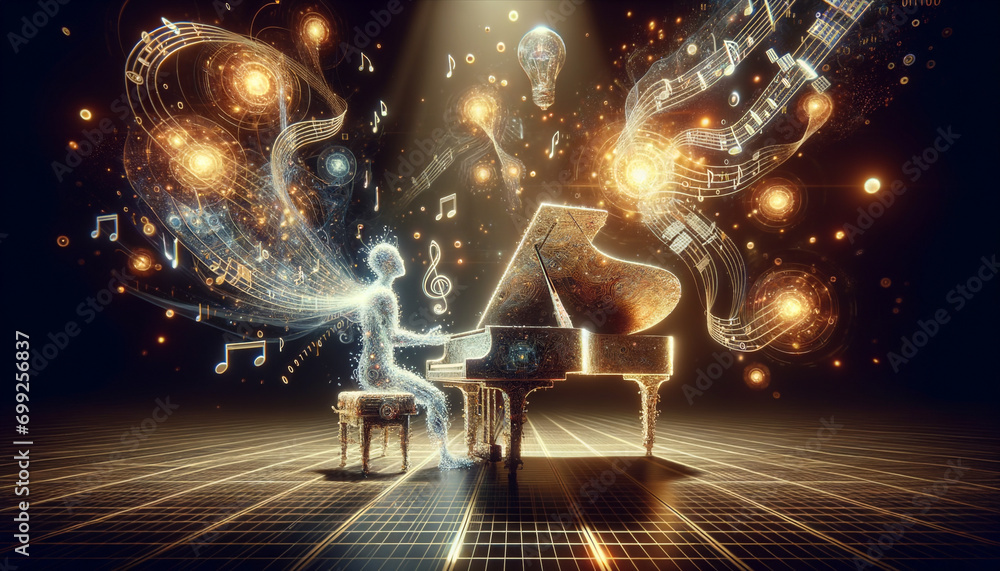 Surrealistic AI-Music Fusion: Ethereal figure intertwines musical ...