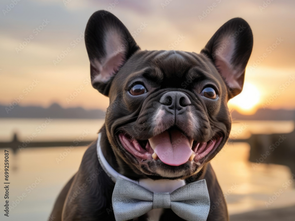 Adorable French Bulldog with a Bowtie - Close-up of a happy dog's face ...