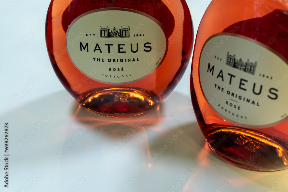Bottles of Portugal rose wine Mateus The original close-up on white ...