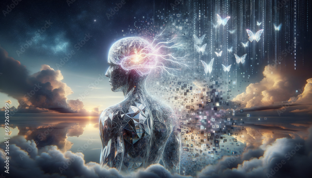 Translucent AI figure with glowing neural pathways and digital ...