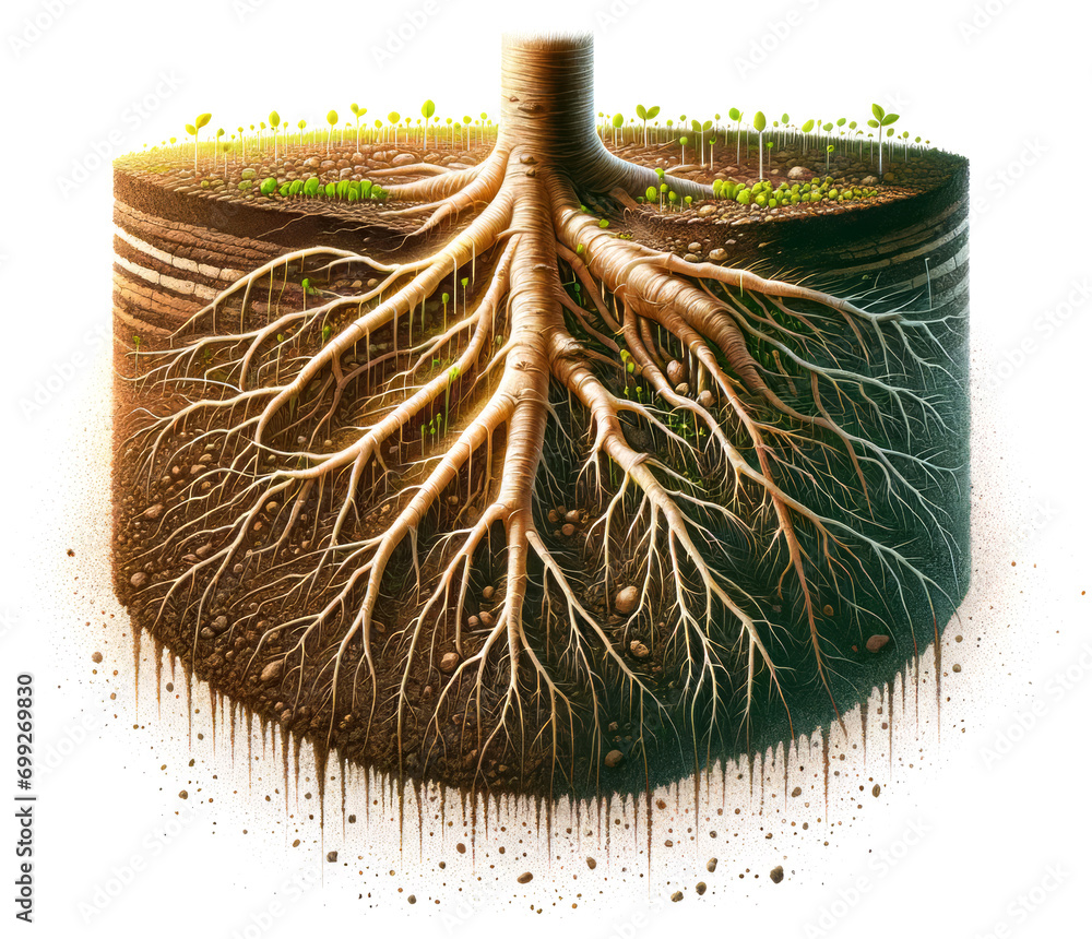 Cross-section of a tree's root system in a soil profile, showcasing ...