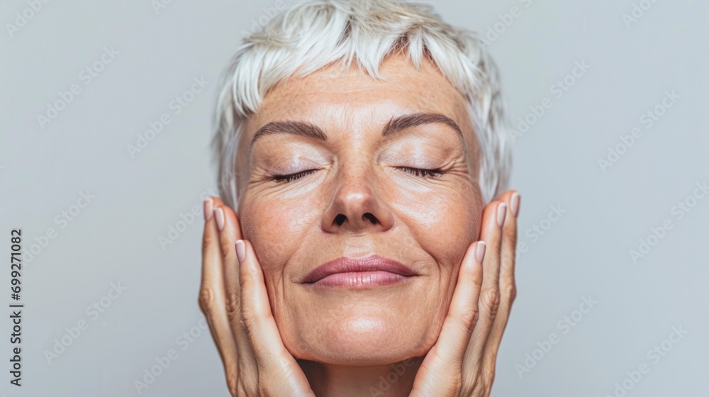 gorgeous senior older woman with closed eyes touching her perfect face ...