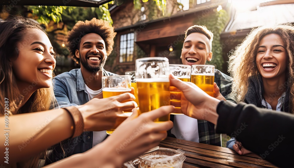 Happy Friends Cheering Beer Glasses At Brewery Pub Garden Group Of