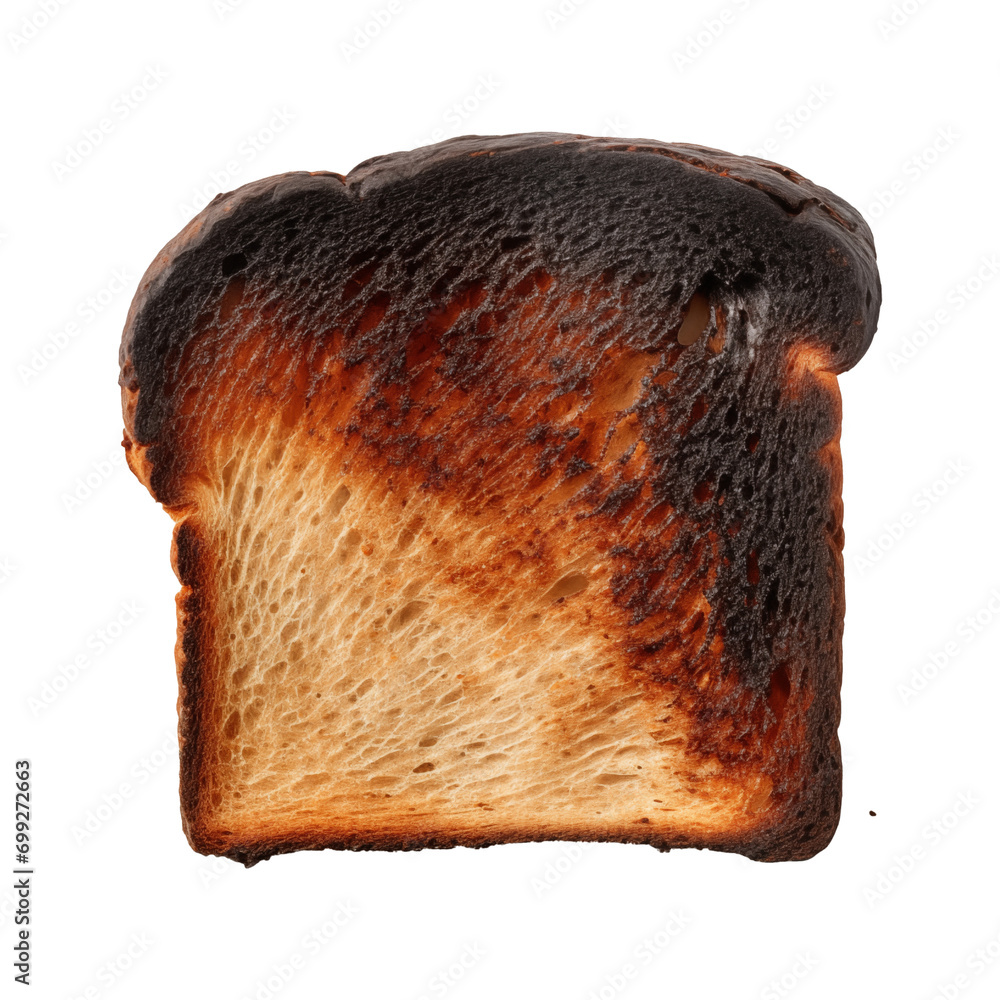 A burnt slice of bread is cut out on a transparent background. A ...