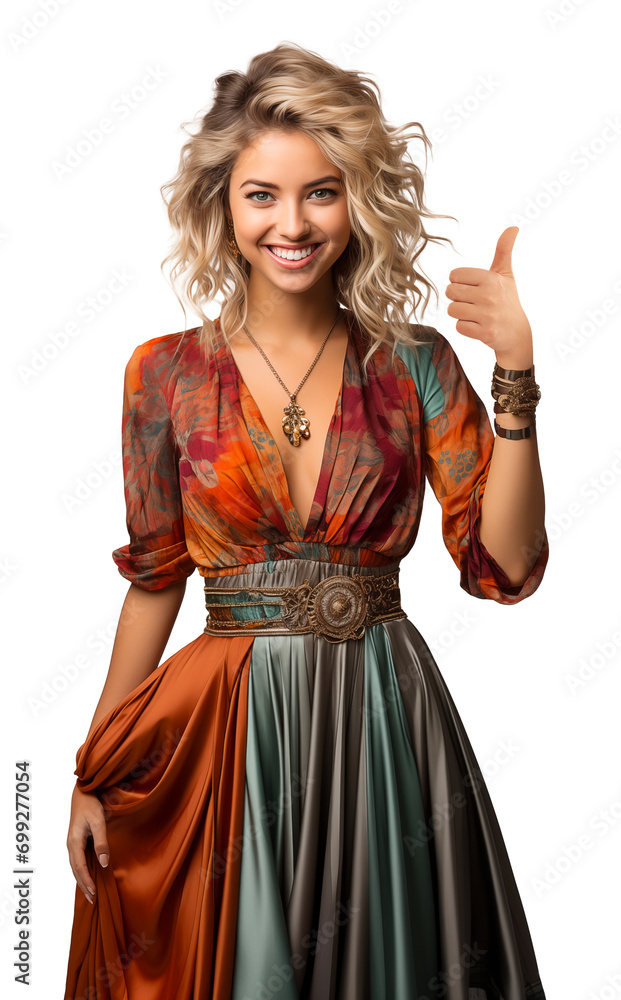 Beautiful Stunning classy blonde girl, hand shows gesture, smiling and ...