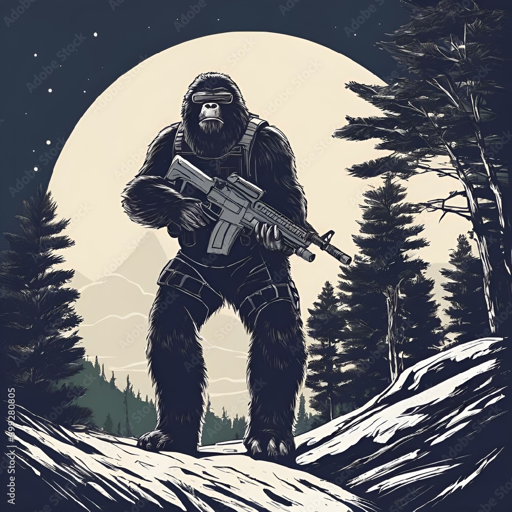 Bigfoot on patrol in Alaska armed with a tactical vest and an AR-15 ...