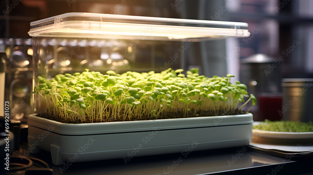 Microgreens thrive under a grow light, a perfect urban farming setup at ...