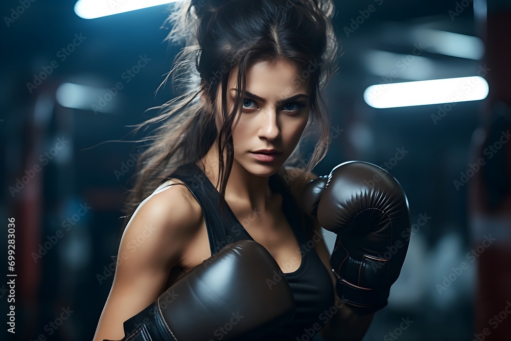 Strong woman in fighting stance wearing boxing gloves at the gym Stock ...
