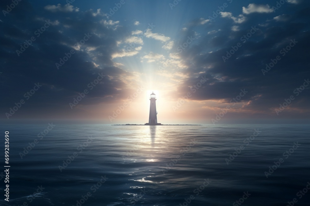 A serene depiction of a lighthouse casting a light beam across a calm ...