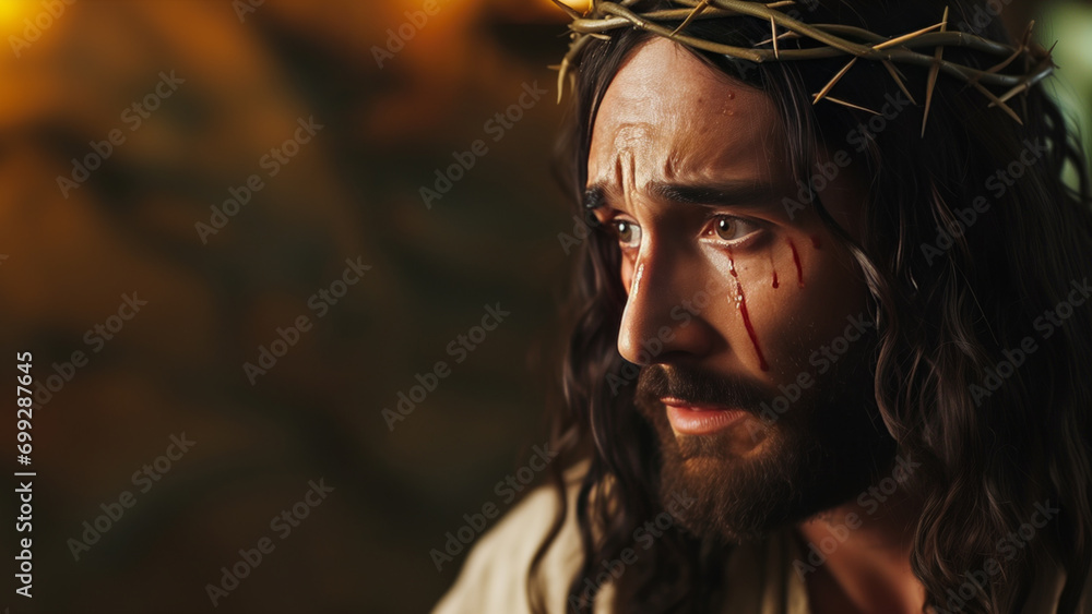 Jesus Christ crying sad with the holly thorn crown background Stock ...