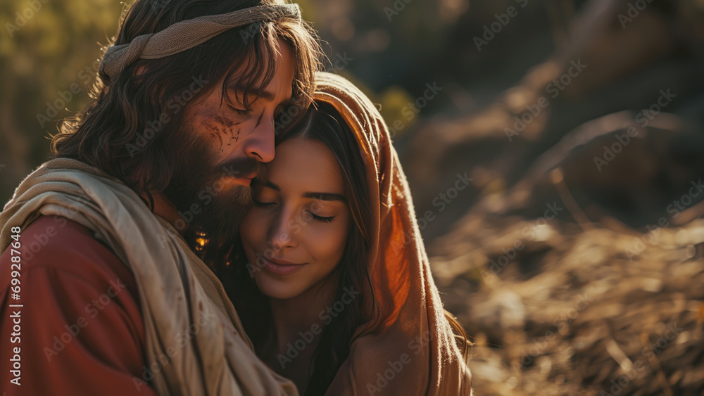 Jesus Christ with a woman hugging him in old town Stock Photo | Adobe Stock