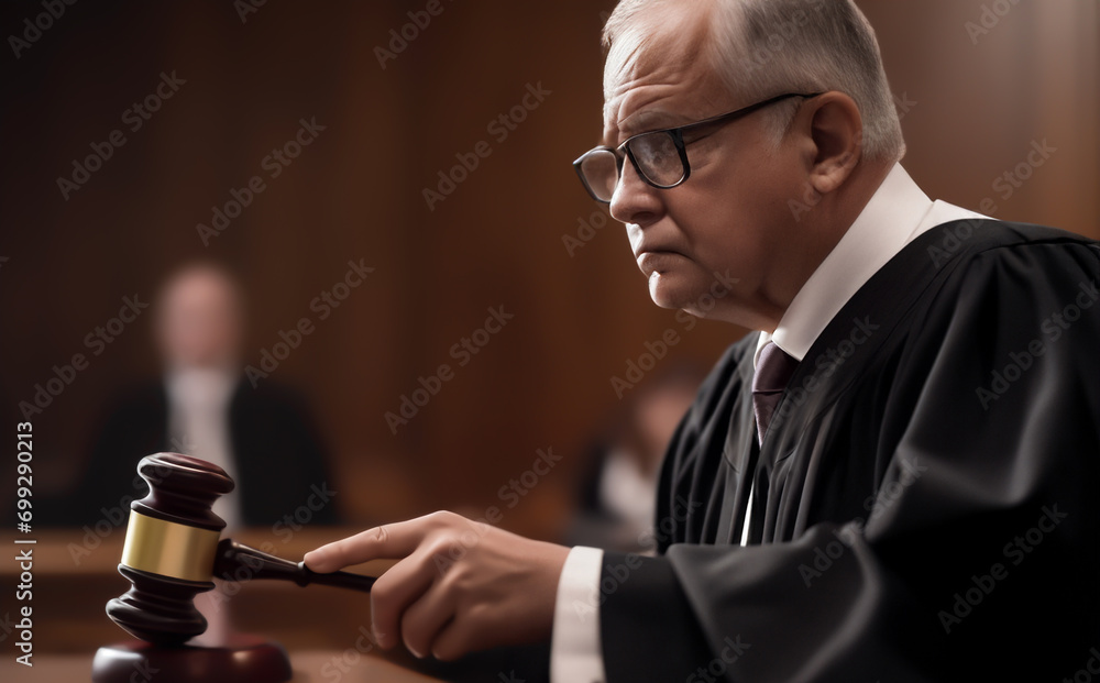 Judge holding of Judge hammer in courtroom. Justice in courthouse on ...