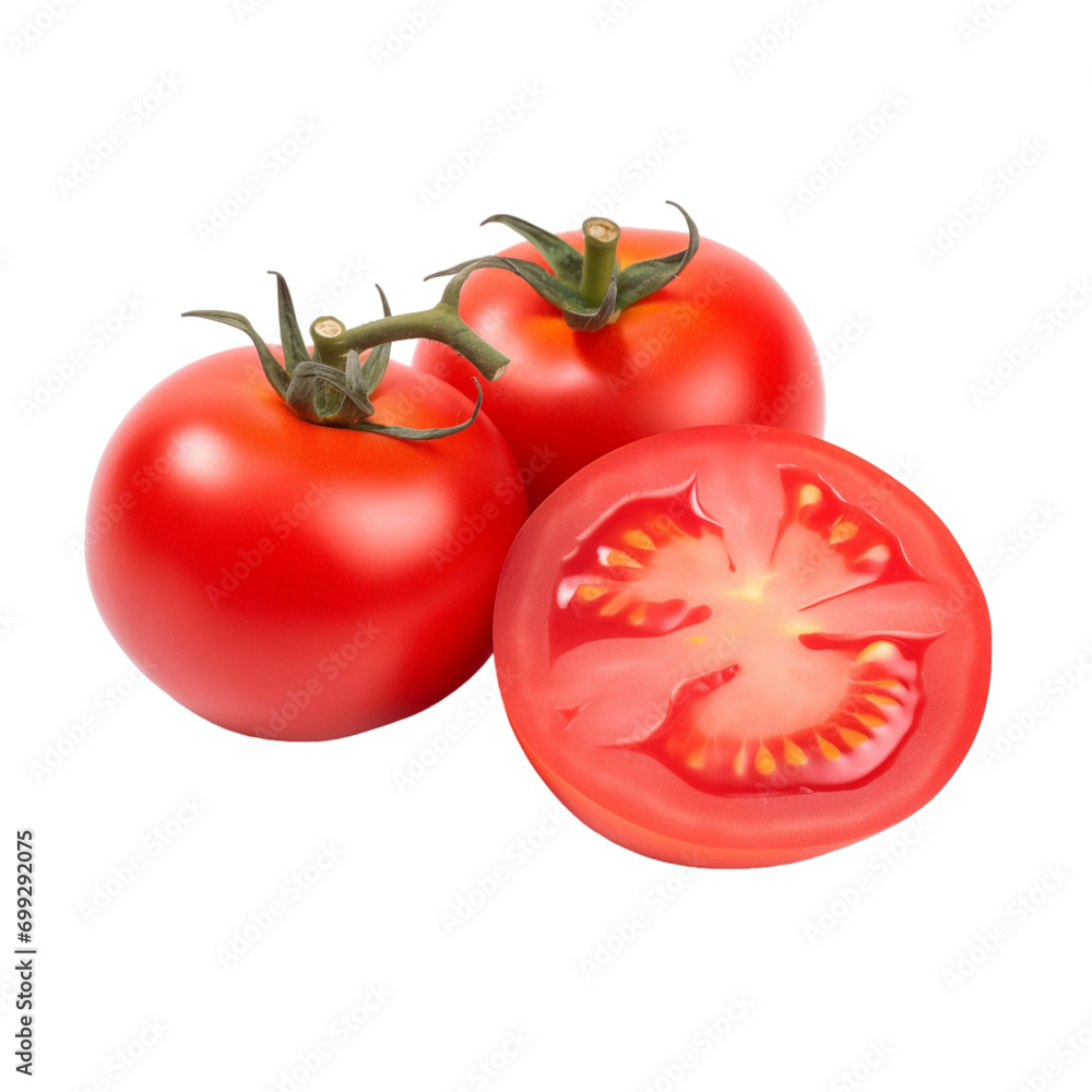 fresh organic tomato berry cut in half sliced with leaves isolated on ...
