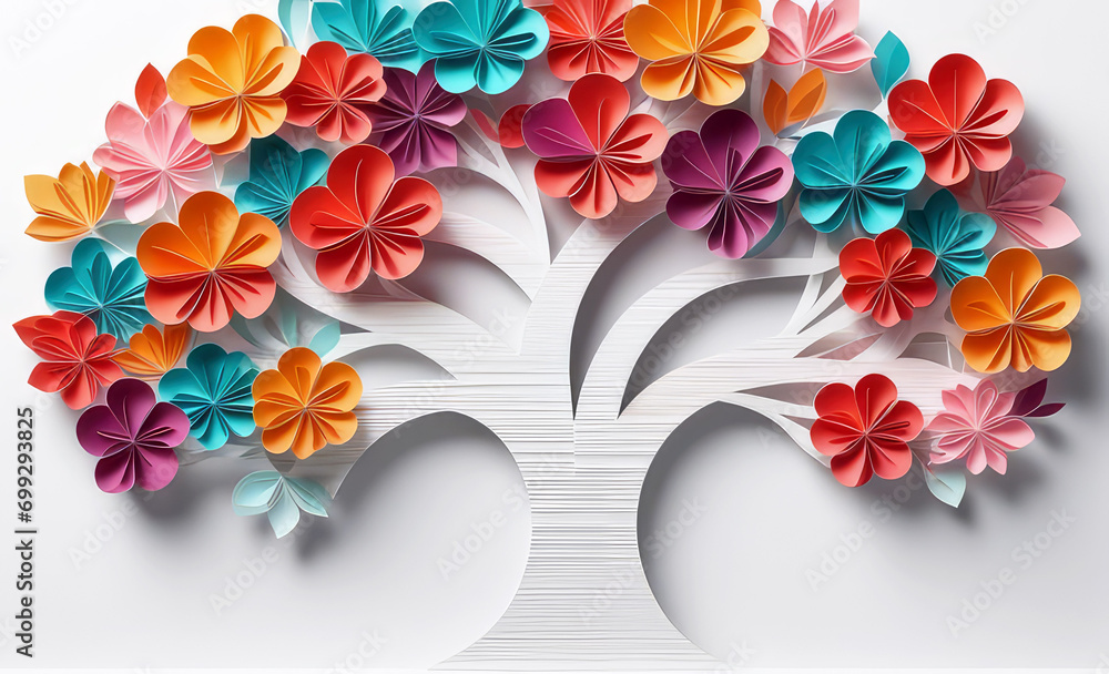 Colorful 3D origami paper tree with vibrant flowers on a white ...