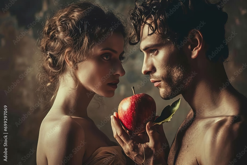 Adam and Eve with an apple. The concept embodies temptation and choice. Stock Photo | Adobe Stock