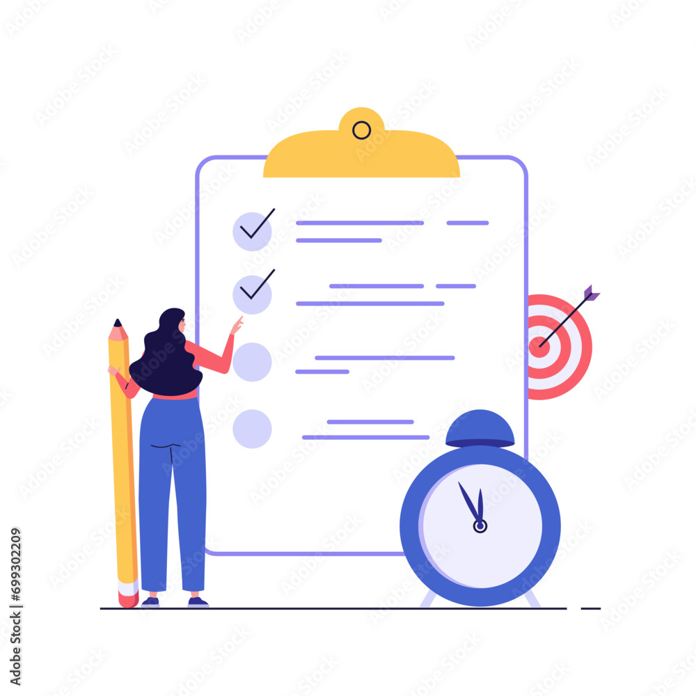 Concept of task done, checklist, to-do list, notification. Woman ...